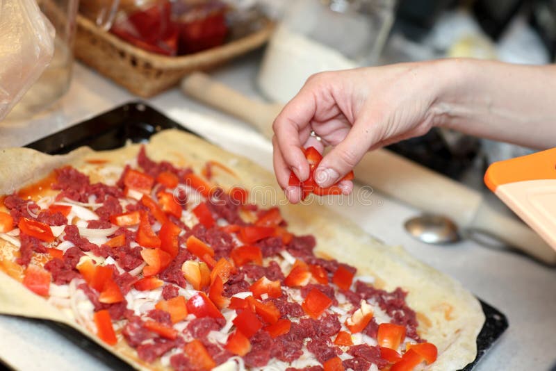 Cook Putting Pepper on Pizza Stock Image - Image of bakery, ingredient ...
