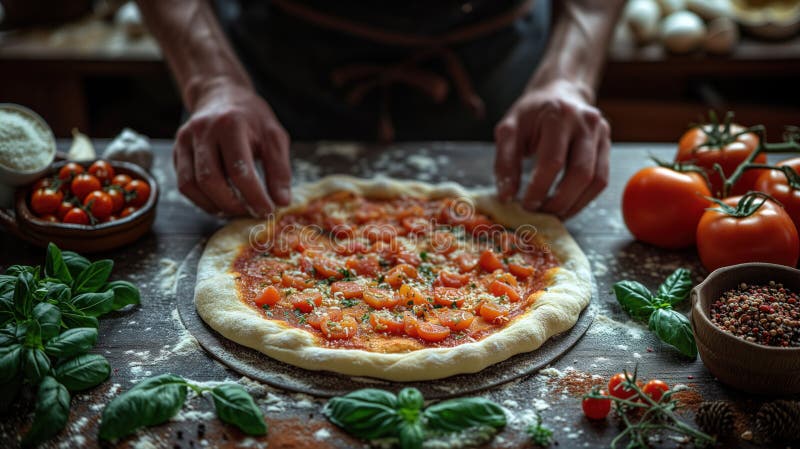 Cook Putting Toppings on Pizza Stock Illustration - Illustration of ...