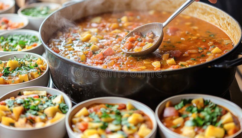 Cook Serving Traditional Stew with Ladle in Restaurant Kitchen Stock ...