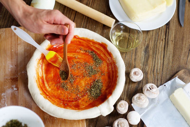 Cook Sprinkle with Basil Home Made Pizza Stock Photo - Image of cheese ...