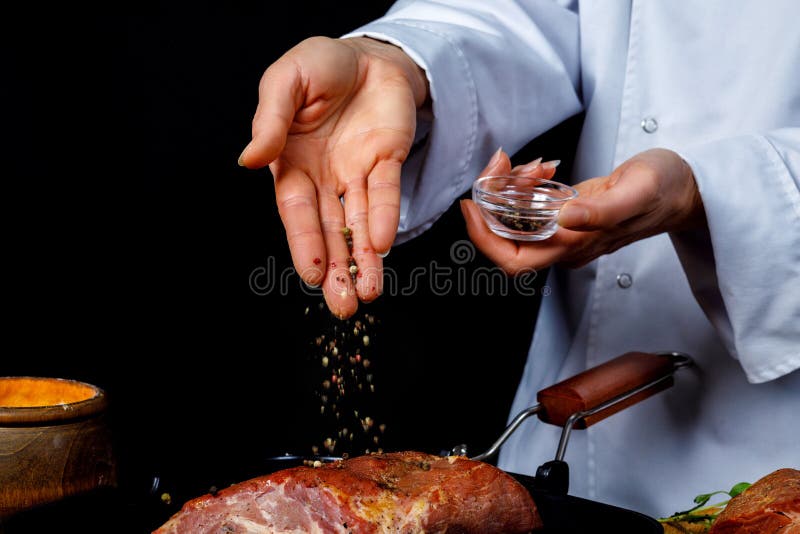 Cook Sprinkle the Meat with Seasoning Stock Image - Image of cooking ...