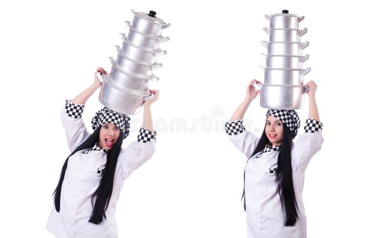 The Cook with Stack of Pots on White Stock Photo - Image of apron ...