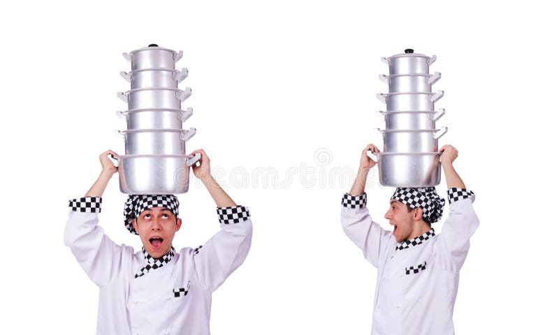 The Cook with Stack of Pots on White Stock Image - Image of cooking ...