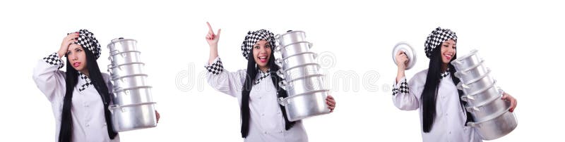 The Cook with Stack of Pots on White Stock Photo - Image of happy ...