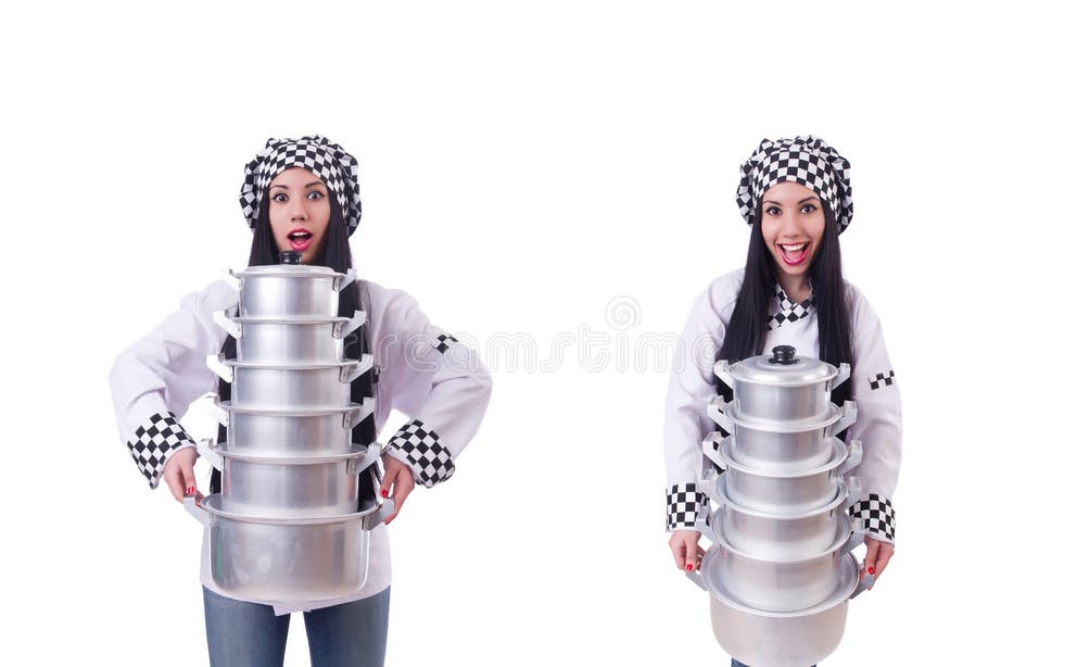 Cook with Stack of Pots on White Stock Photo - Image of happy, humour ...
