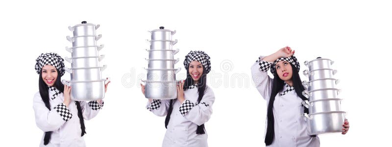 Cook with Stack of Pots on White Stock Photo - Image of diet, adult ...