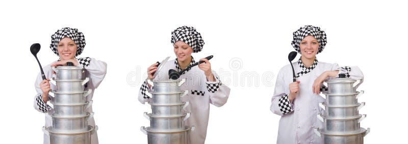 Cook with Stack of Pots on White Stock Photo - Image of chef, ladle ...