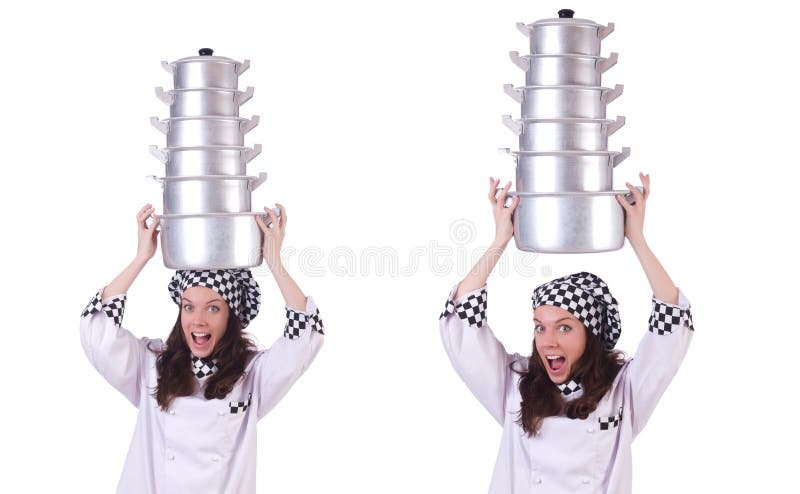 Cook with Stack of Pots on White Stock Photo - Image of isolated ...