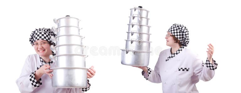 Cook with Stack of Pots on White Stock Photo - Image of apron, funny ...