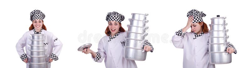 Cook with Stack of Pots on White Stock Image - Image of chef, dinner ...