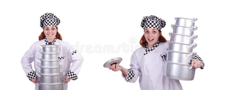 Cook with Stack of Pots on White Stock Image - Image of dinner ...