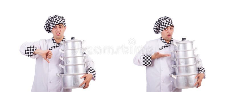 Cook with Stack of Pots on White Stock Image - Image of cheerful, food ...