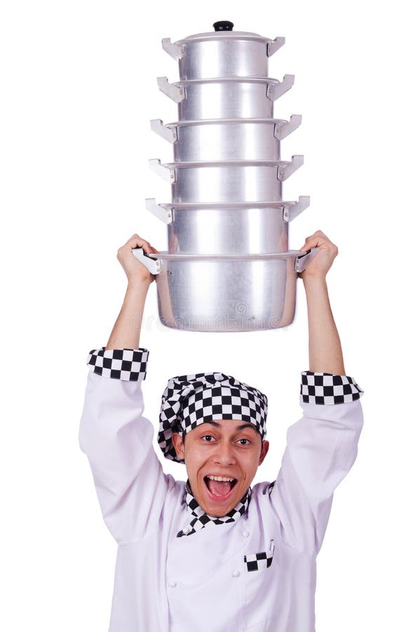 Cook with stack of pots stock photo. Image of domestic - 31457624
