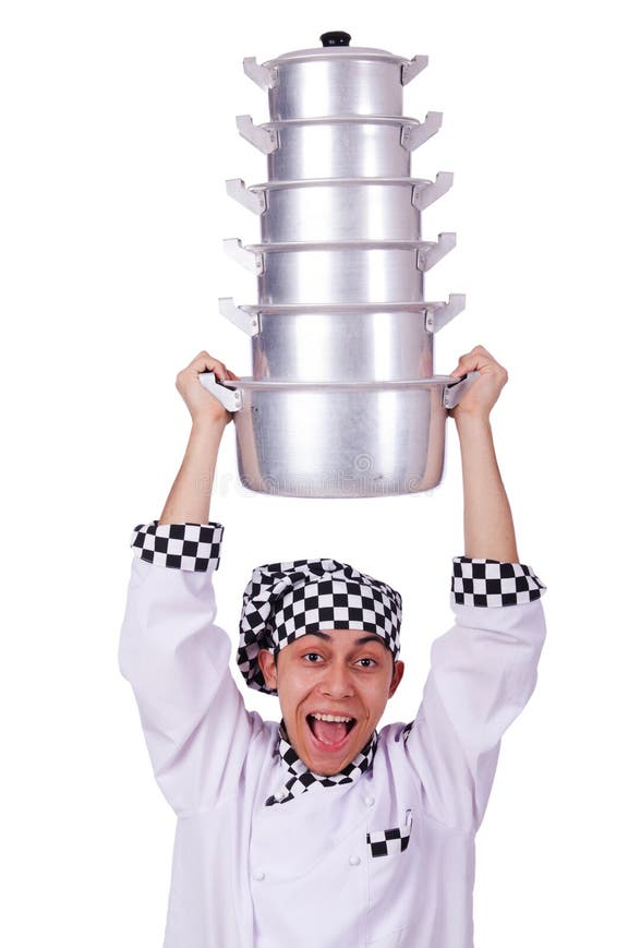 Cook with stack of pots stock photo. Image of domestic - 31457624