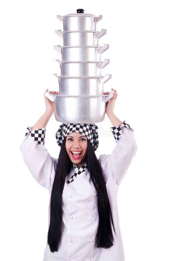 Cook with stack of pots stock image. Image of casual - 32528319