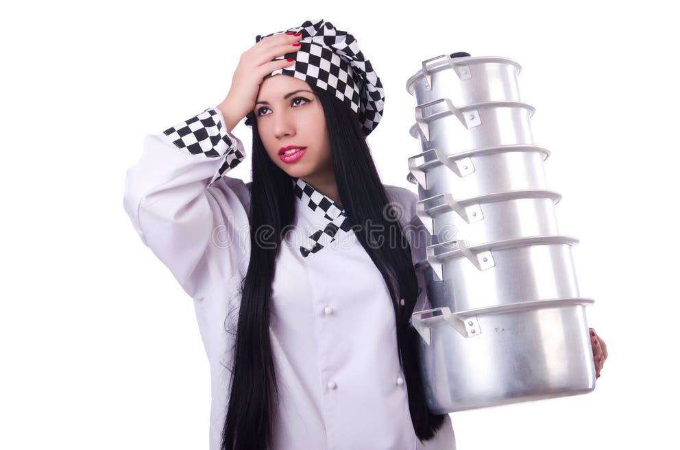 Cook with stack of pots stock photo. Image of interior - 32528324