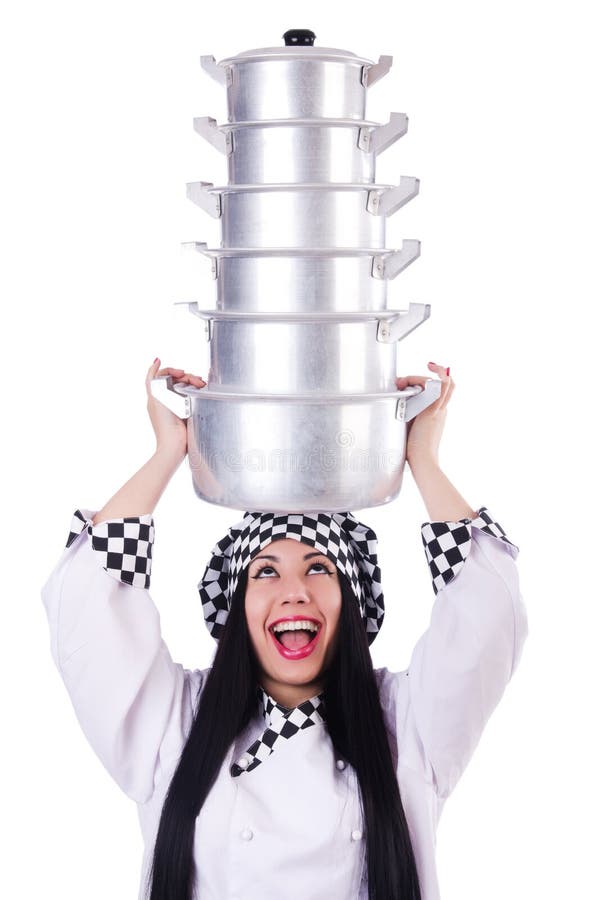 Cook with stack of pots stock image. Image of diet, humorous - 32586937
