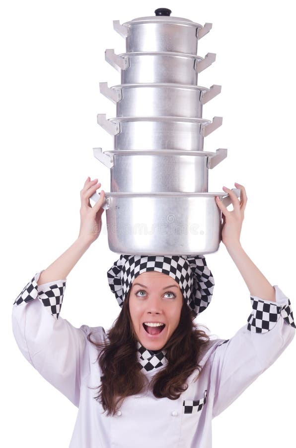 Cook with stack of pots stock image. Image of life, lifestyle - 32586947
