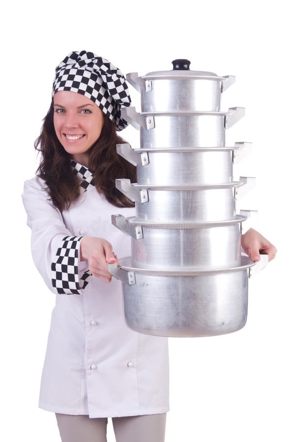 Cook with stack of pots stock image. Image of meal, life - 32811245