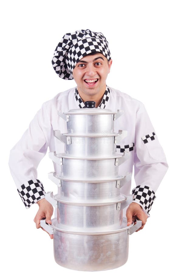 Cook with stack of pots stock photo. Image of cooking - 33965350