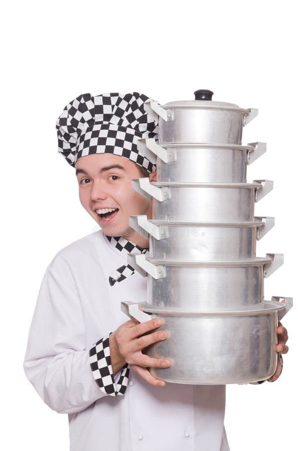 Cook with stack of pots stock image. Image of male, adult - 42395219