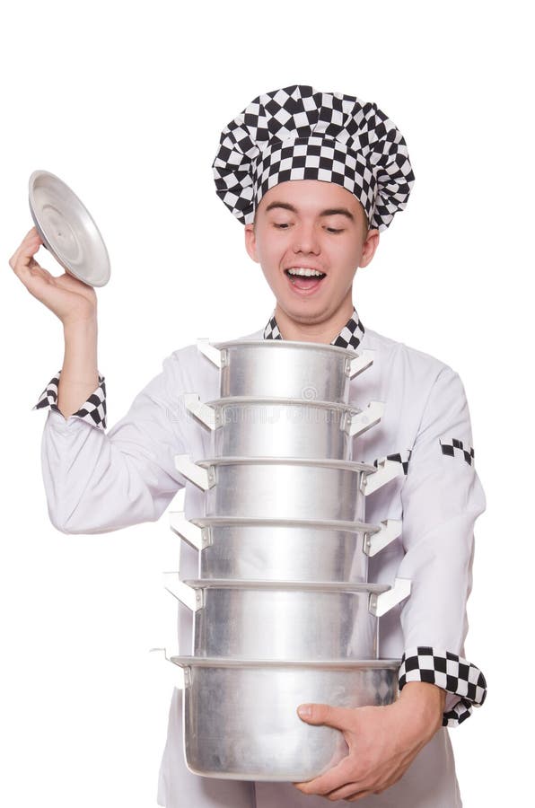Cook with stack of pots stock image. Image of caucasian - 43732977