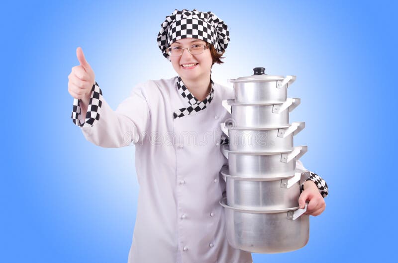 Cook with stack of pots stock photo. Image of cooking - 45980310
