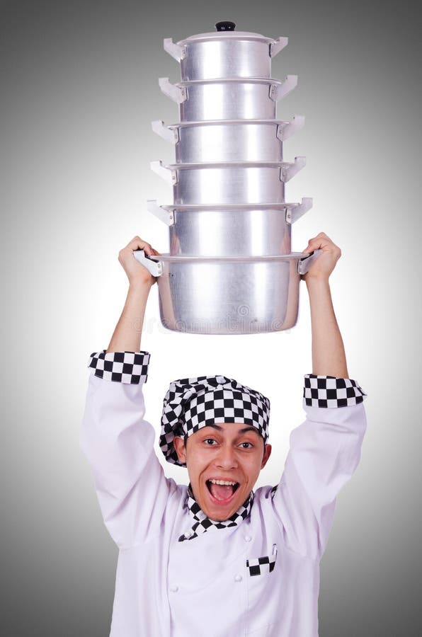 Cook with stack of pots stock image. Image of kitchen - 46297281
