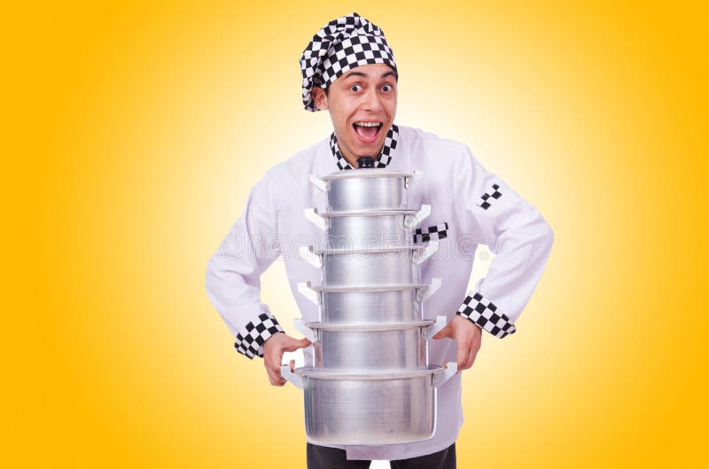 Cook with stack of pots stock photo. Image of domestic - 46297284