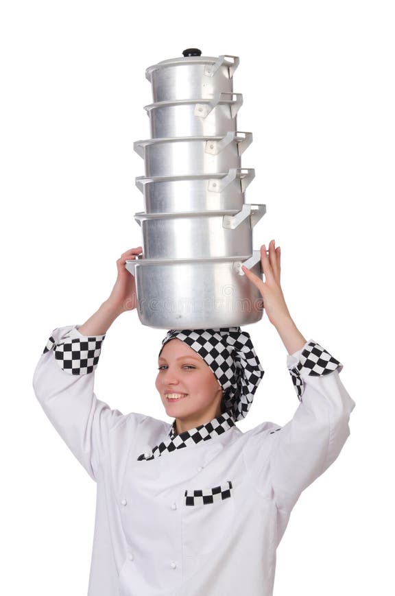 Cook with stack of pots stock photo. Image of humor, kitchen - 47331202