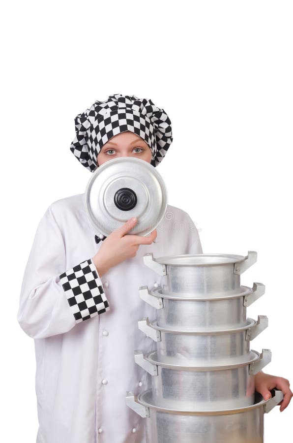Cook with stack of pots stock image. Image of kitchen - 47332769