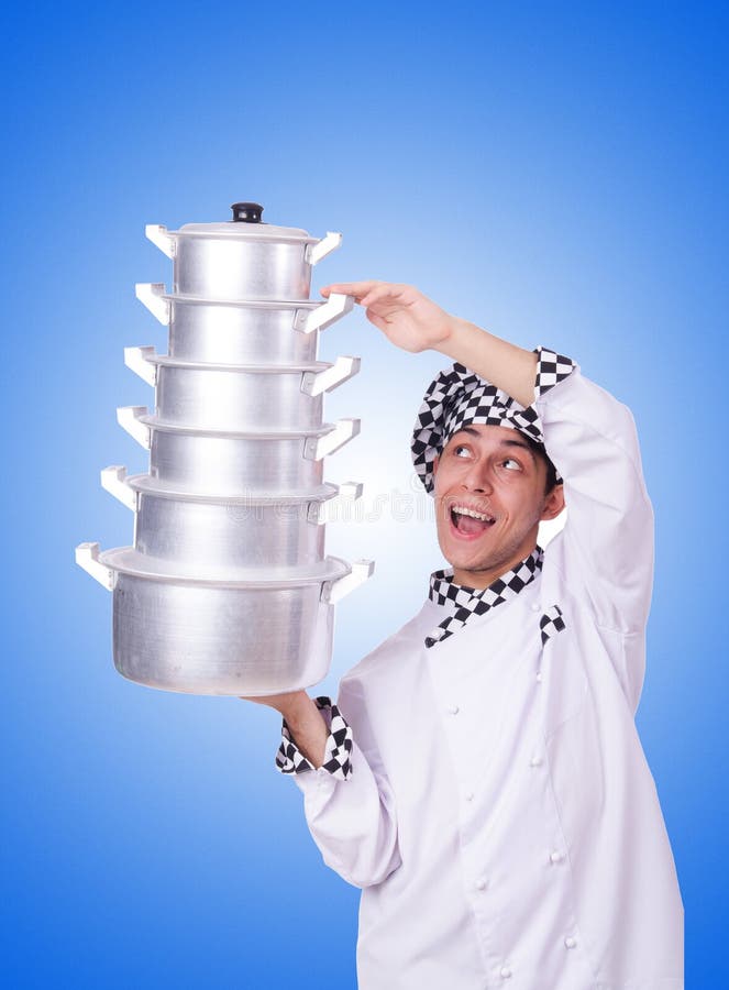 Cook with Stack of Pots on White Stock Photo - Image of ladle, kitchen ...