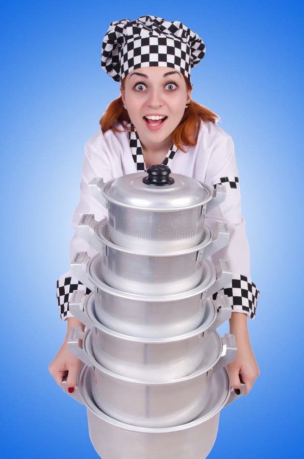 Cook with Stack of Pots on White Stock Image - Image of isolated ...