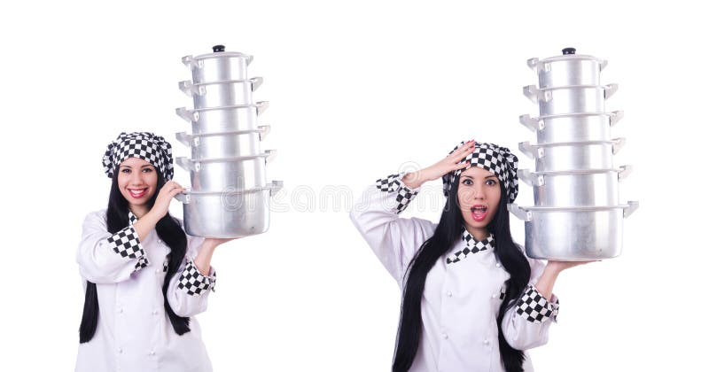 Cook with Stack of Pots on White Stock Image - Image of funny ...