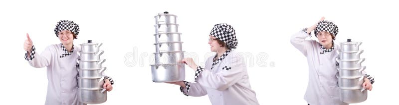 Cook with Stack of Pots on White Stock Photo - Image of interior, funny ...