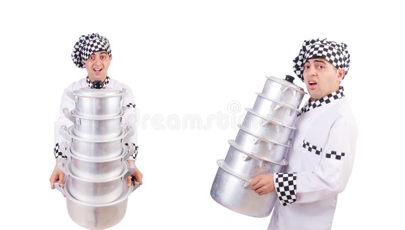 Cook with Stack of Pots on White Stock Photo - Image of isolated, cute ...