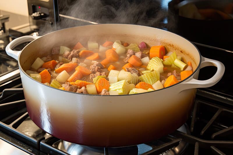 Cook, Stirring Slow-cooked Stew in Large Pot on Stovetop Stock ...