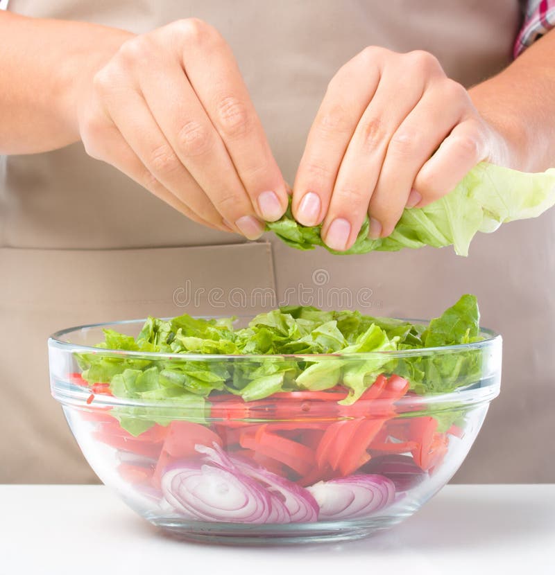 Cook is Tearing Lettuce while Making Salad Stock Image - Image of ...