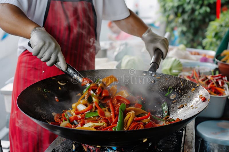 Cook Tossing Stirfry in a Wok at a Stall Stock Photo - Image of frying ...