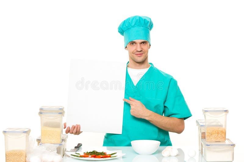 Cook on a White Background with Relies Space for Stock Photo - Image of ...