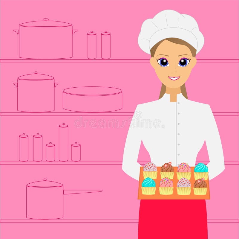 Cook. Woman Baker with Cakes Stock Vector - Illustration of cartoon ...