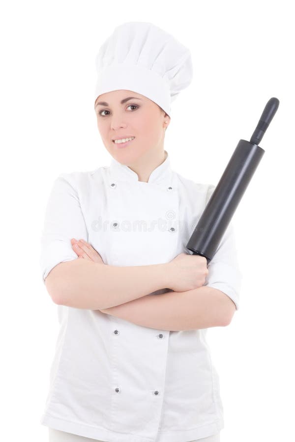 Cook Woman in Uniform with Baking Rolling Pin Isolated on White Stock ...