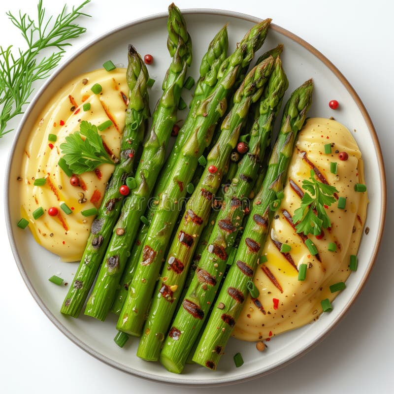 Cooked Asparagus in a Plate Close-up Stock Illustration - Illustration ...