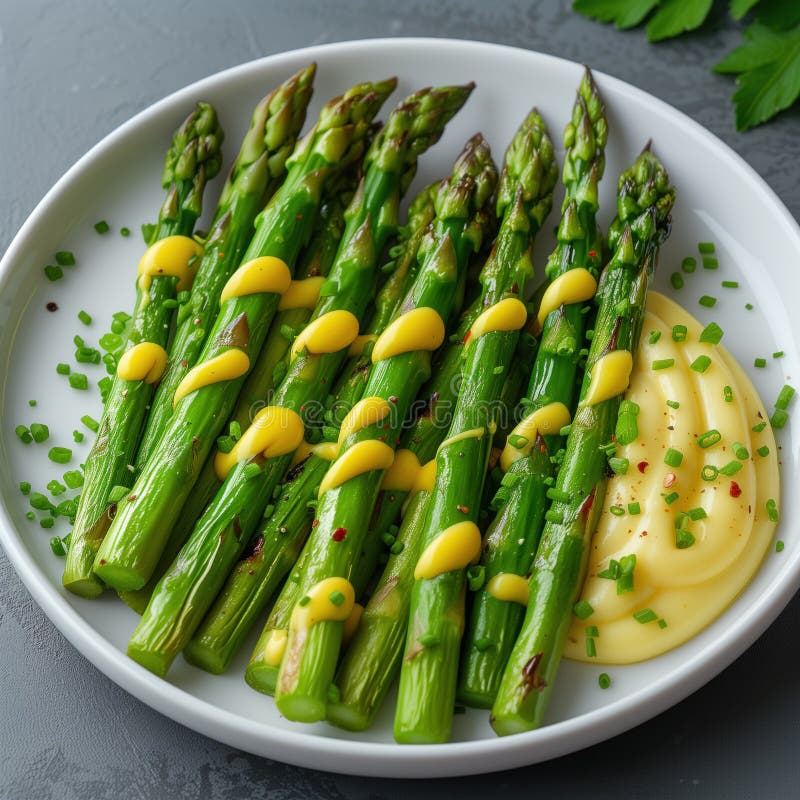 Cooked Asparagus in a Plate Close-up Stock Illustration - Illustration ...