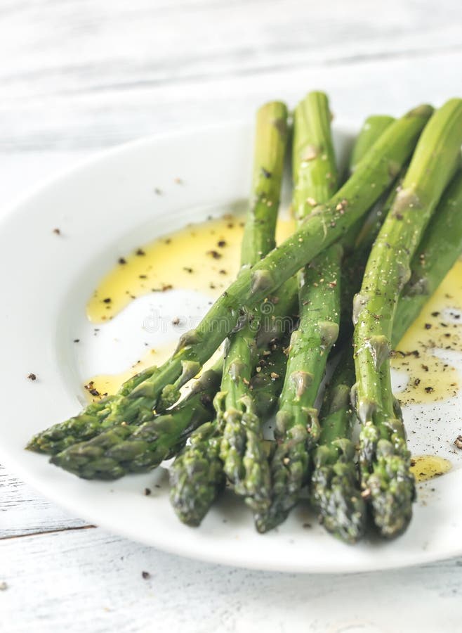 Cooked Asparagus, Green And White On A Plate, Close Up Stock Image ...