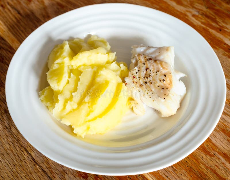 Cooked Baked Cod Fish with Mashed Potatoes Stock Photo - Image of ...