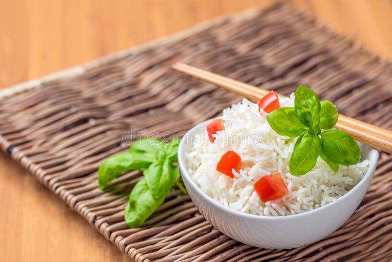 Cooked Basmati Rice with Tomato and Basil Stock Image - Image of rice ...