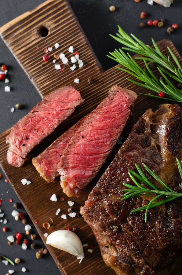 Cooked Beef Steak, Beef Organic Meat, Dark Black Background Stock Photo ...