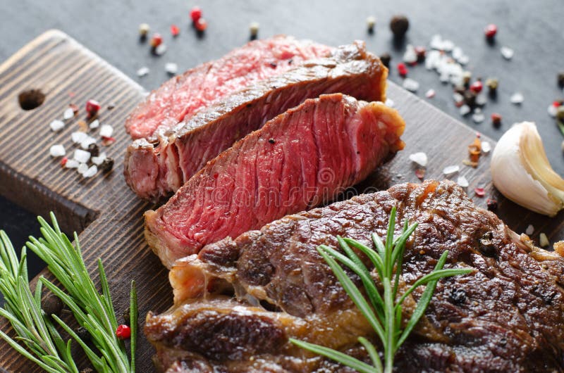 Cooked Beef Steak, Beef Organic Meat, Dark Black Background Stock Image ...