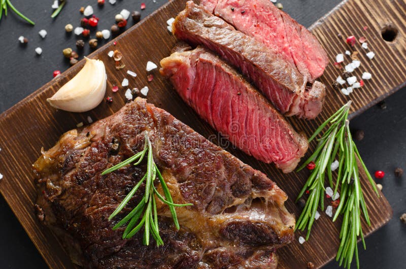 Cooked Beef Steak, Beef Organic Meat, Dark Black Background Stock Image ...